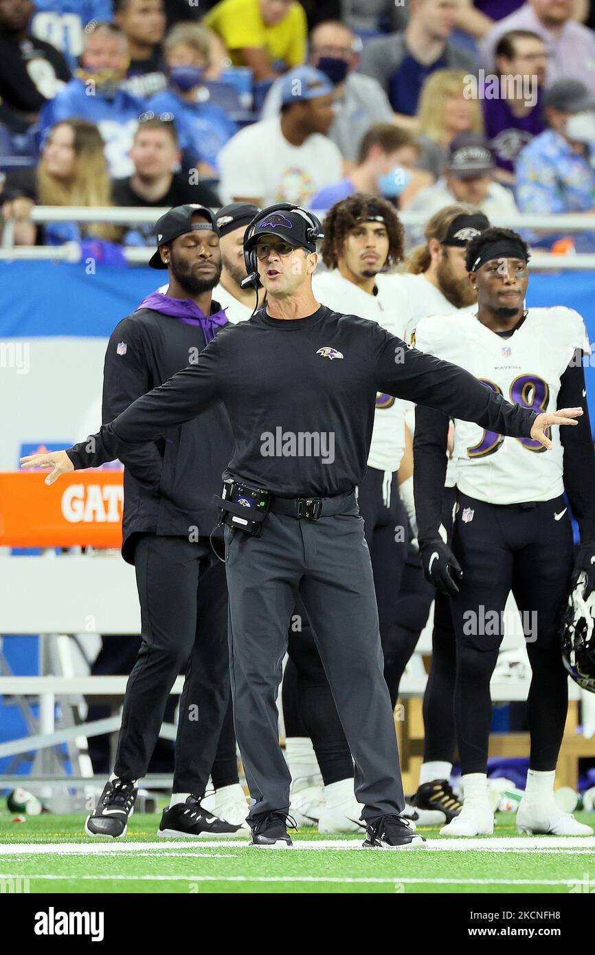 Baltimore Ravens head coach John Harbaugh gestures from the sidelines ...