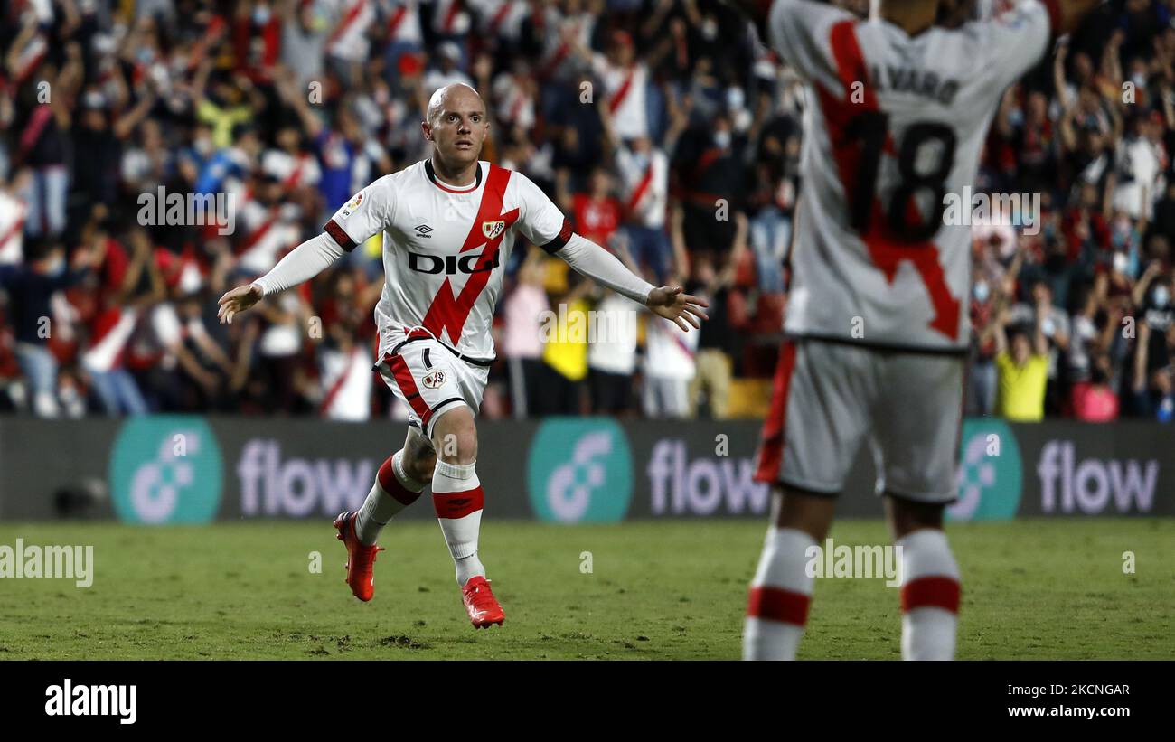 Isi Palazon of Rayo Vallecano celebrate a goal during the Liga match ...