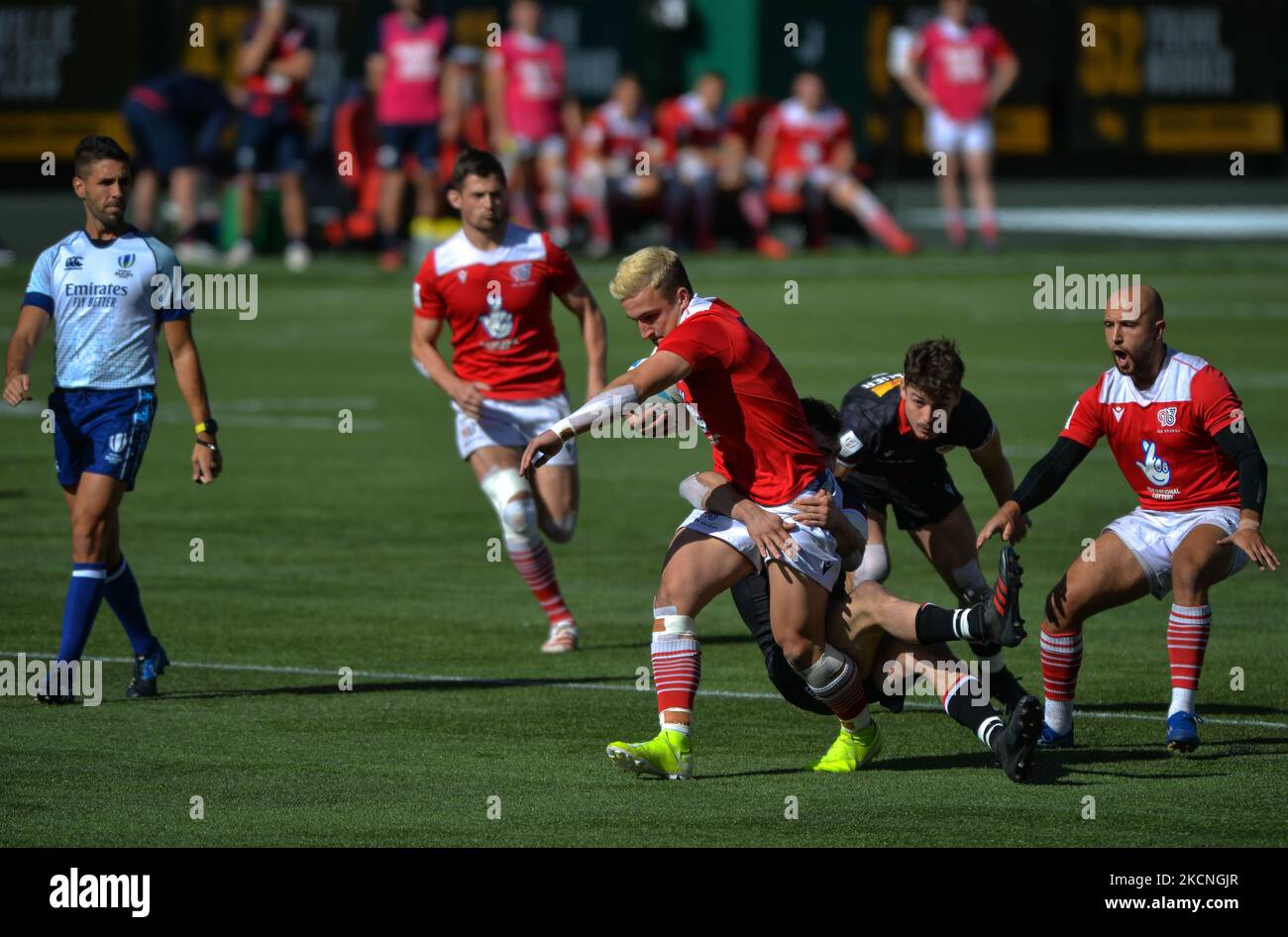 Ross McCann of Great Britain tacled by Alex Russell of Canada during ...