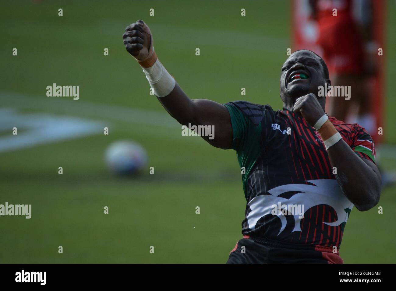 Alvin Otieno of Kenya celebrates after scoring a try during Canada 7S ...