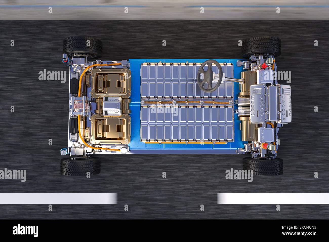 3d rendering ev car with pack of battery cells module on road top view ...