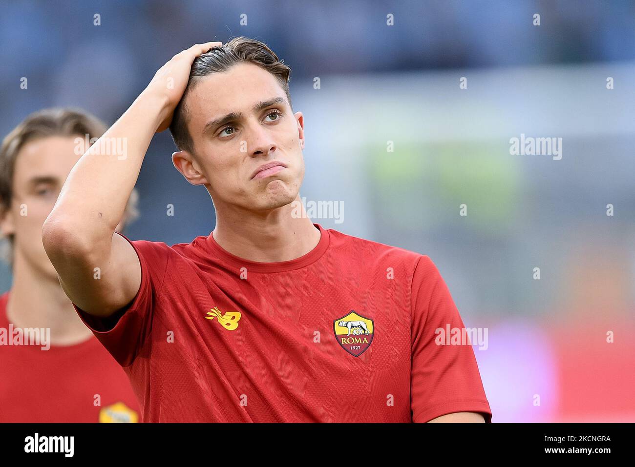 Riccardo Calafiori of AS Roma looks on during the Serie A match between ...