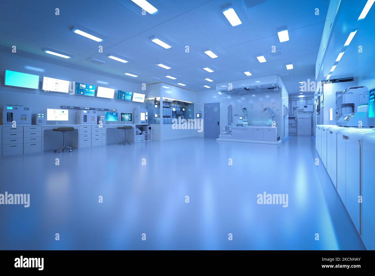 3d rendering blue futuristic laboratory interior in semiconductor ...
