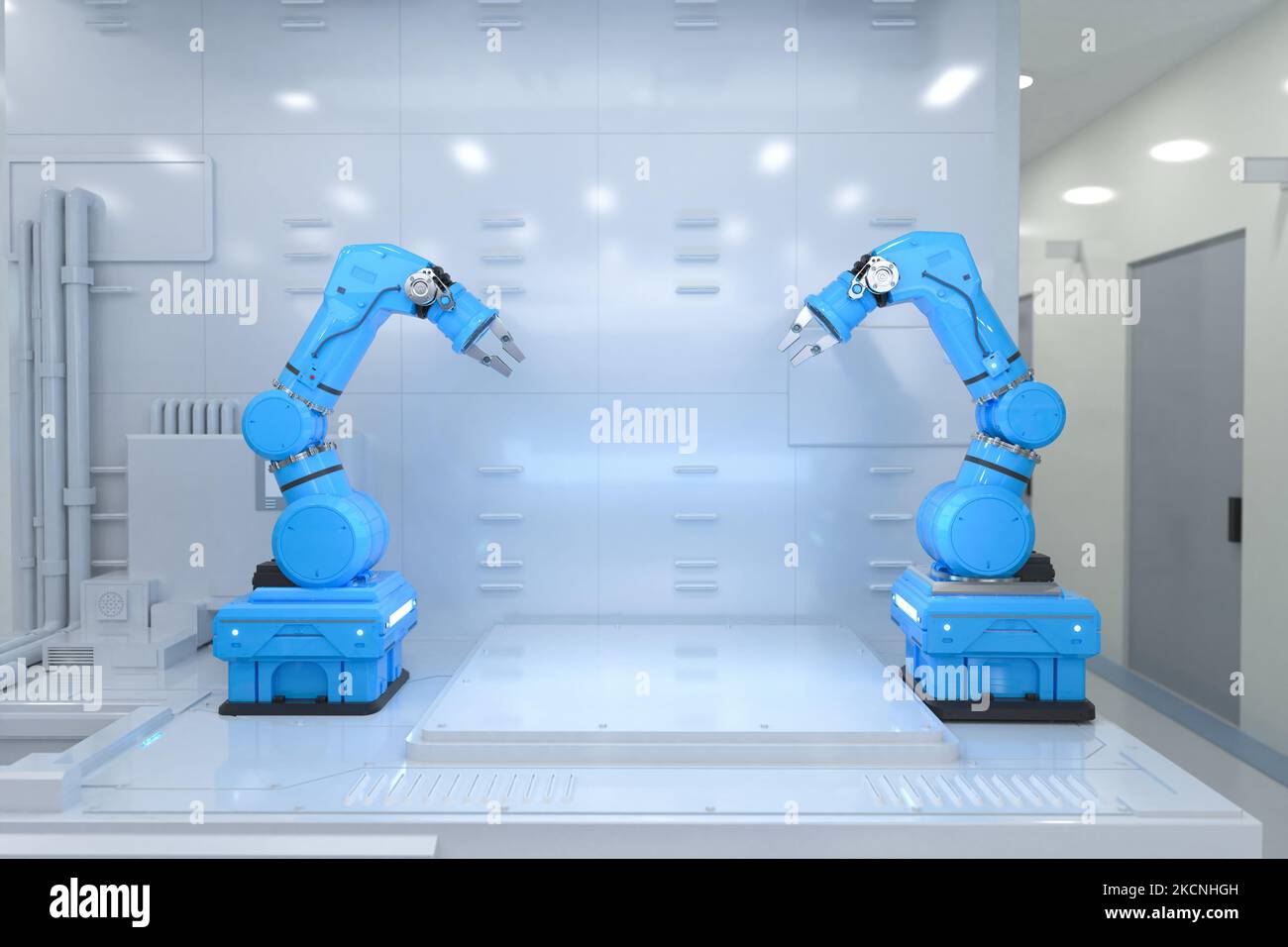 Automation laboratory concept with 3d rendering robotic arms in white ...