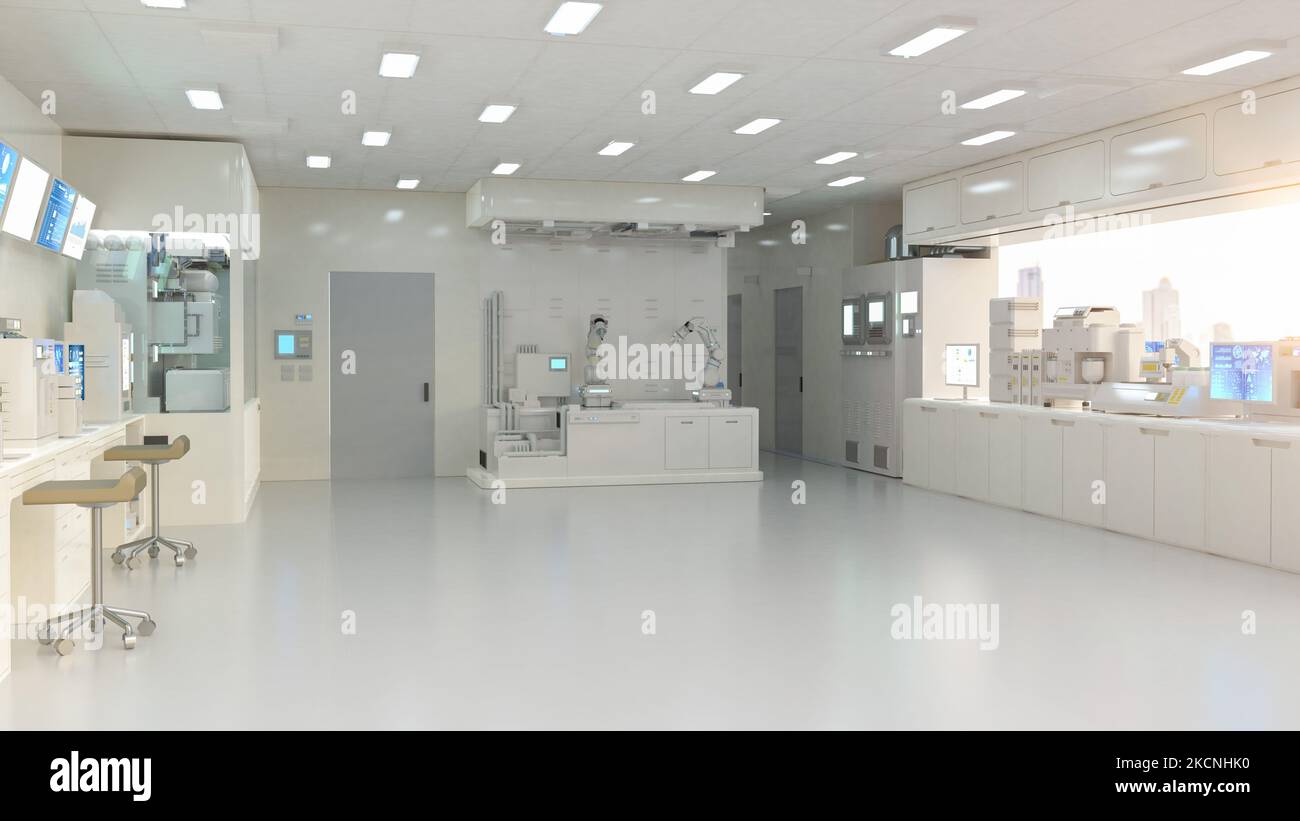 3d rendering white futuristic laboratory interior in semiconductor ...