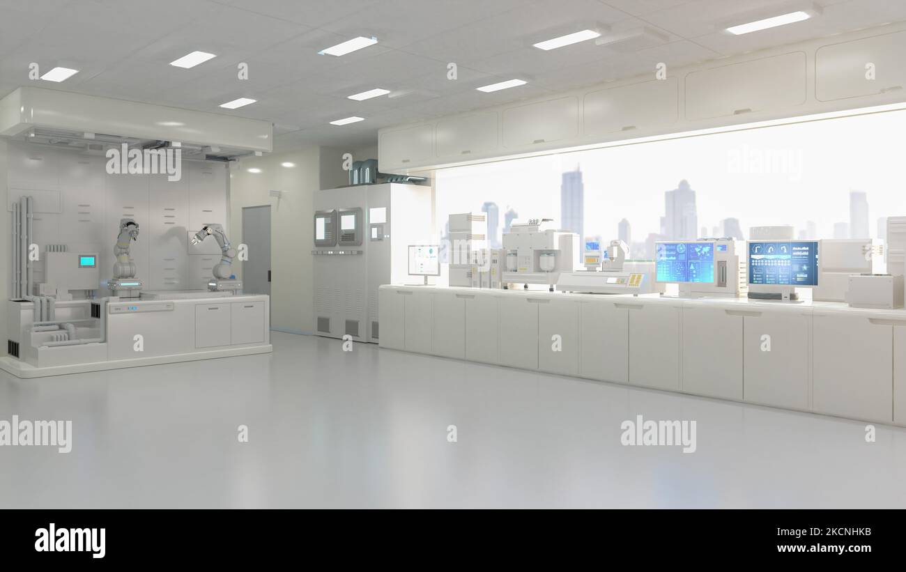 3d rendering white futuristic laboratory interior in semiconductor ...