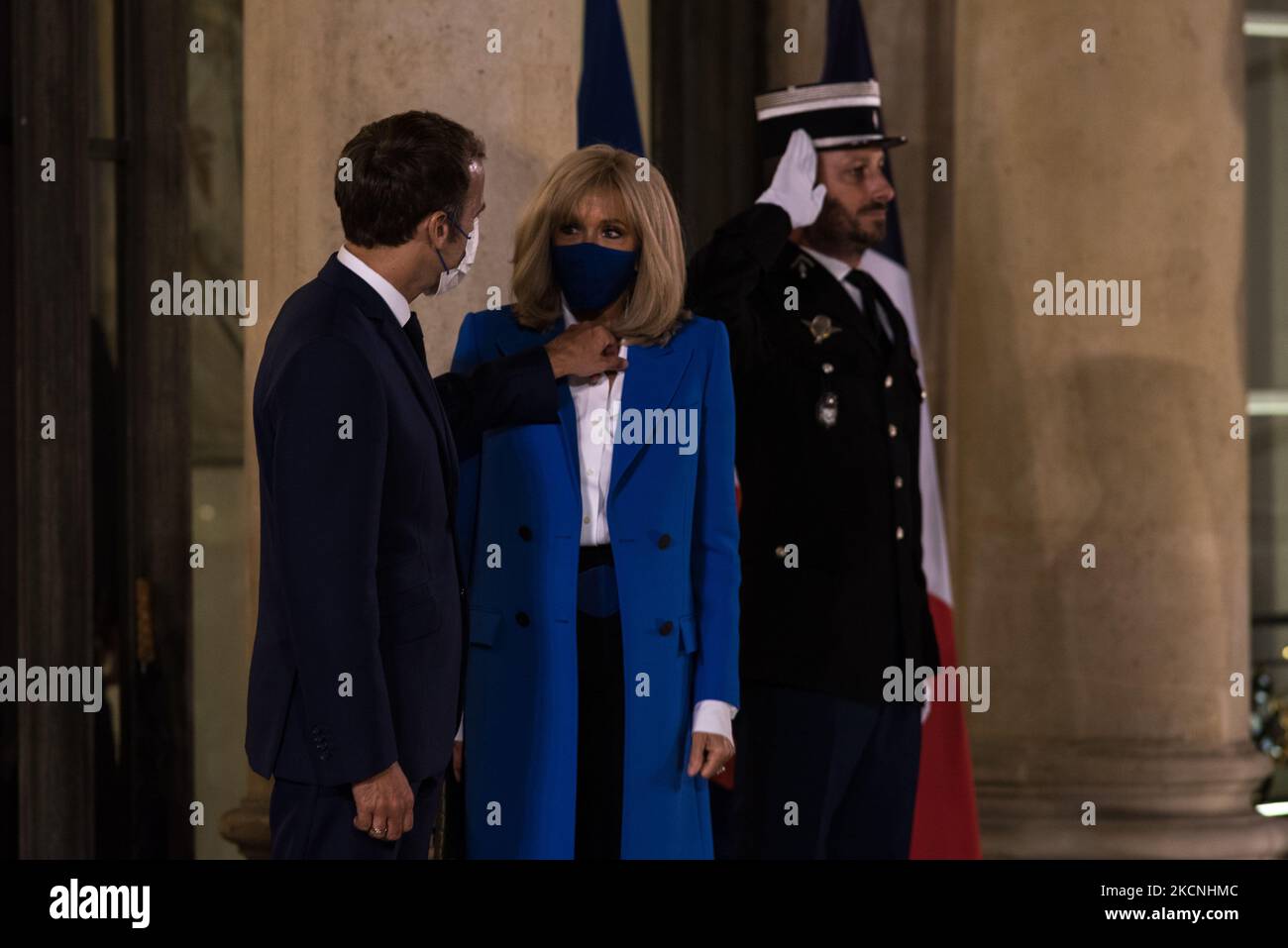 French President Emmanuel Macron and first lady Brigitte Macron welcome ...
