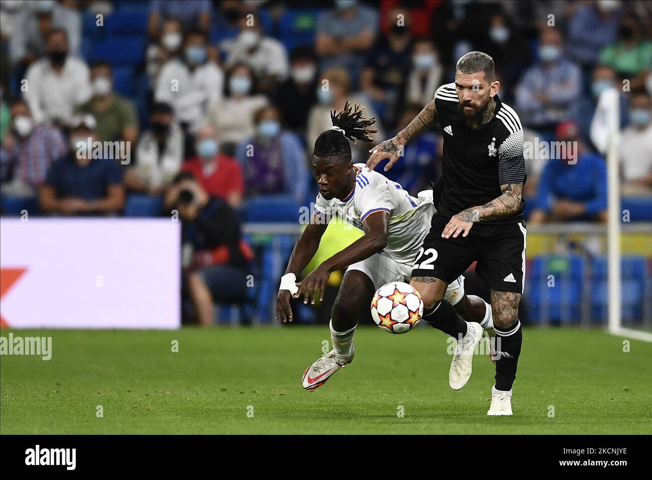 Dimitrios Kolovos of Sheriff and Eduardo Camavinga of Real Madrid ...