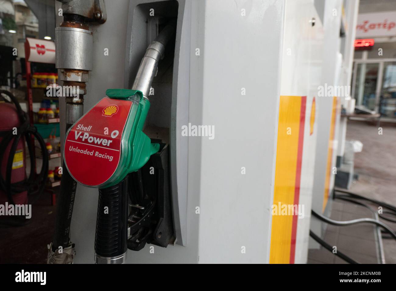 Filling nozzles and pumps at a Shell gas station in Evosmos ...