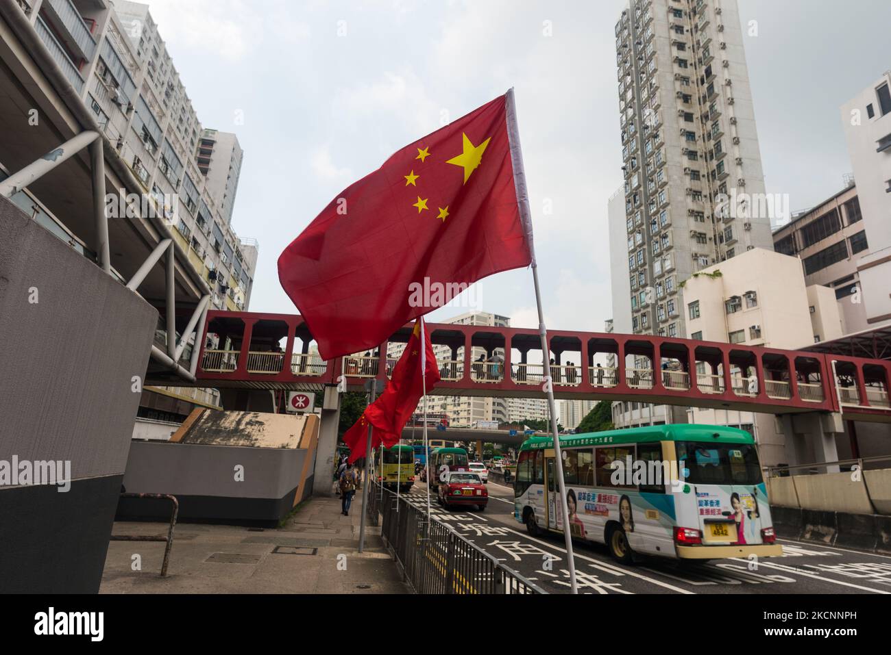 Chinese flags floats on Clearwater Bay road in Choi Hung. (Photo by ...