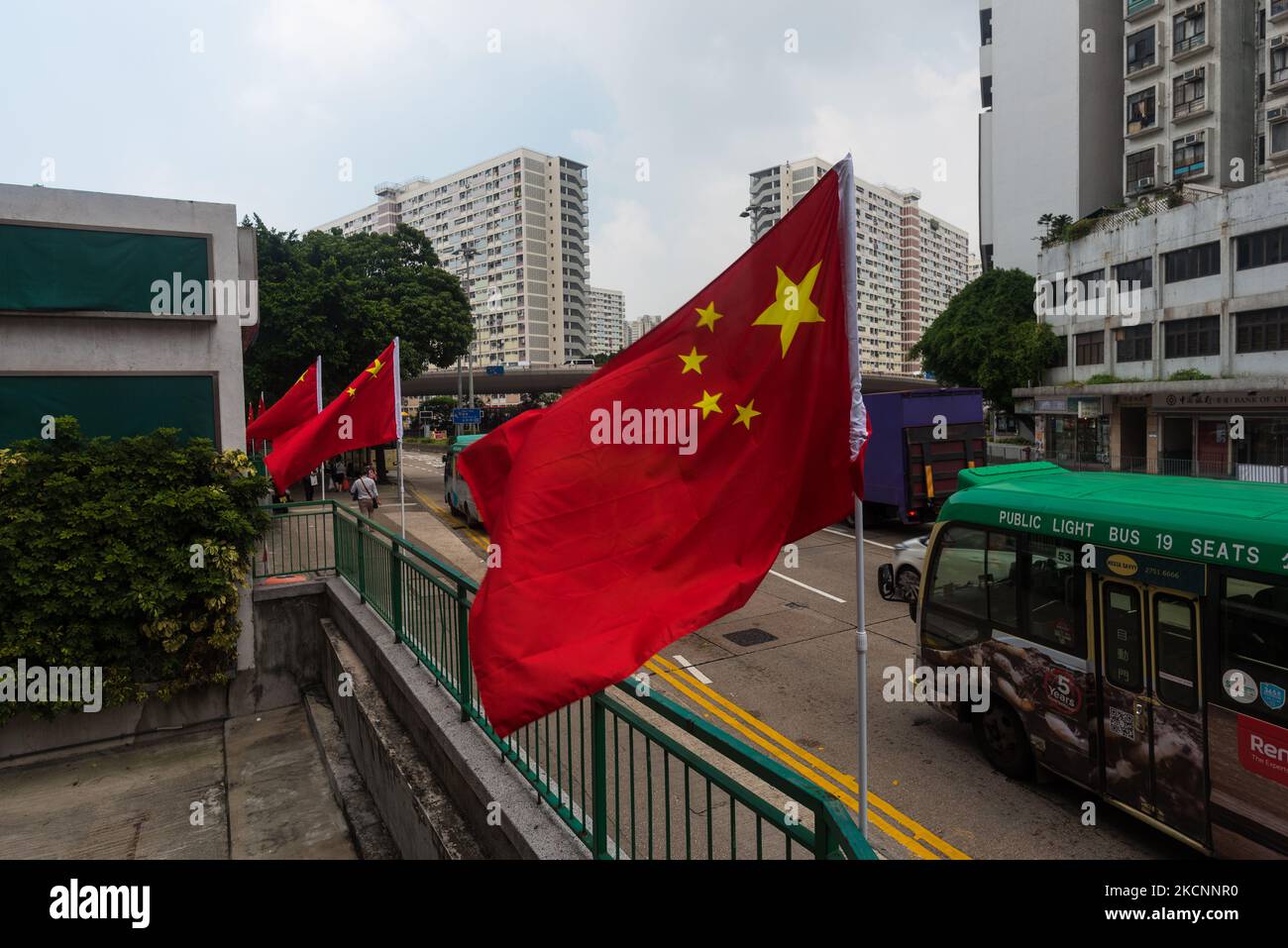 Chinese flags floats on Clearwater Bay road in Choi Hung. (Photo by ...