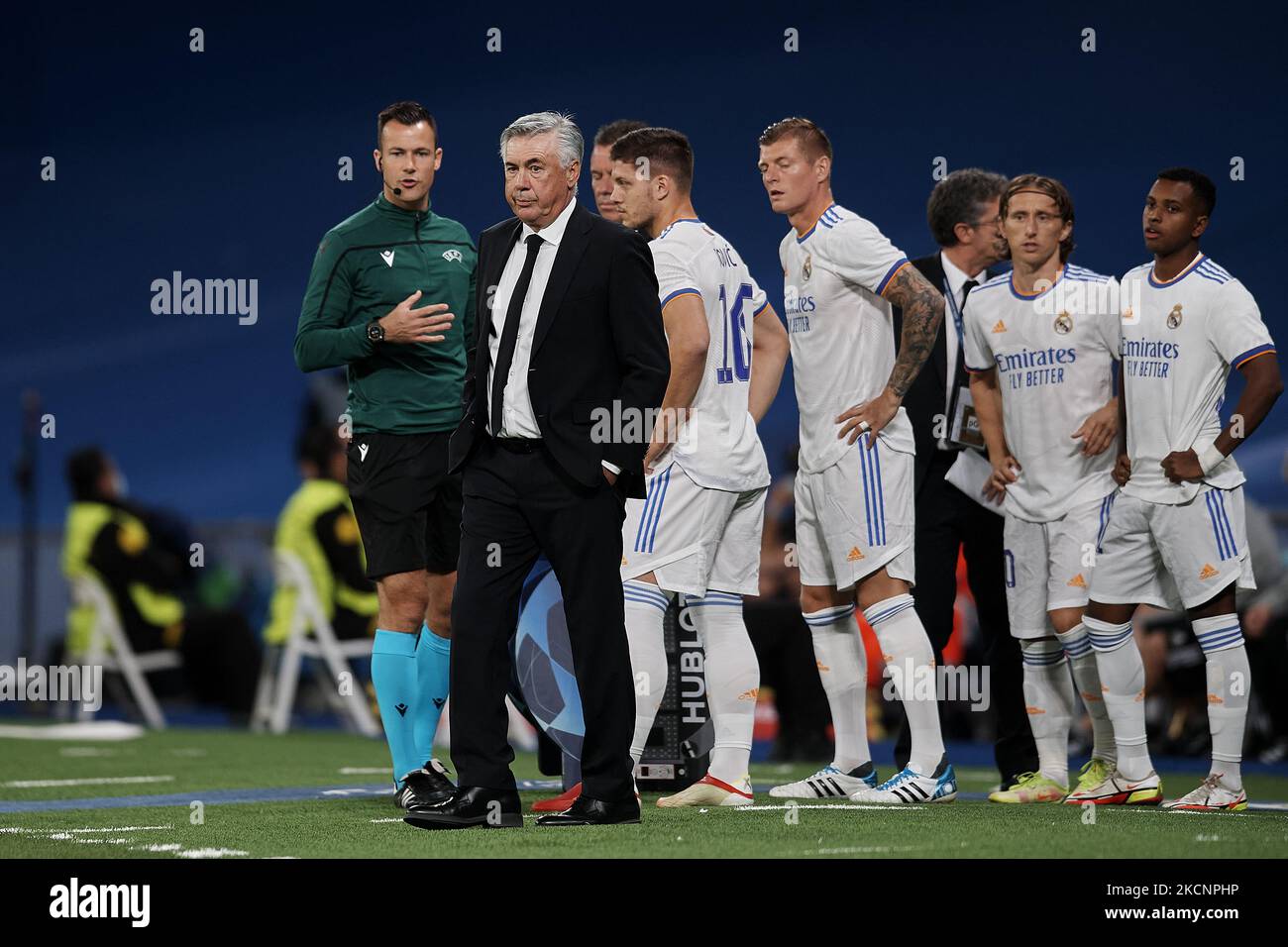 Carlo Ancelotti of Real Madrid with the four players who will come in to play during the UEFA ...