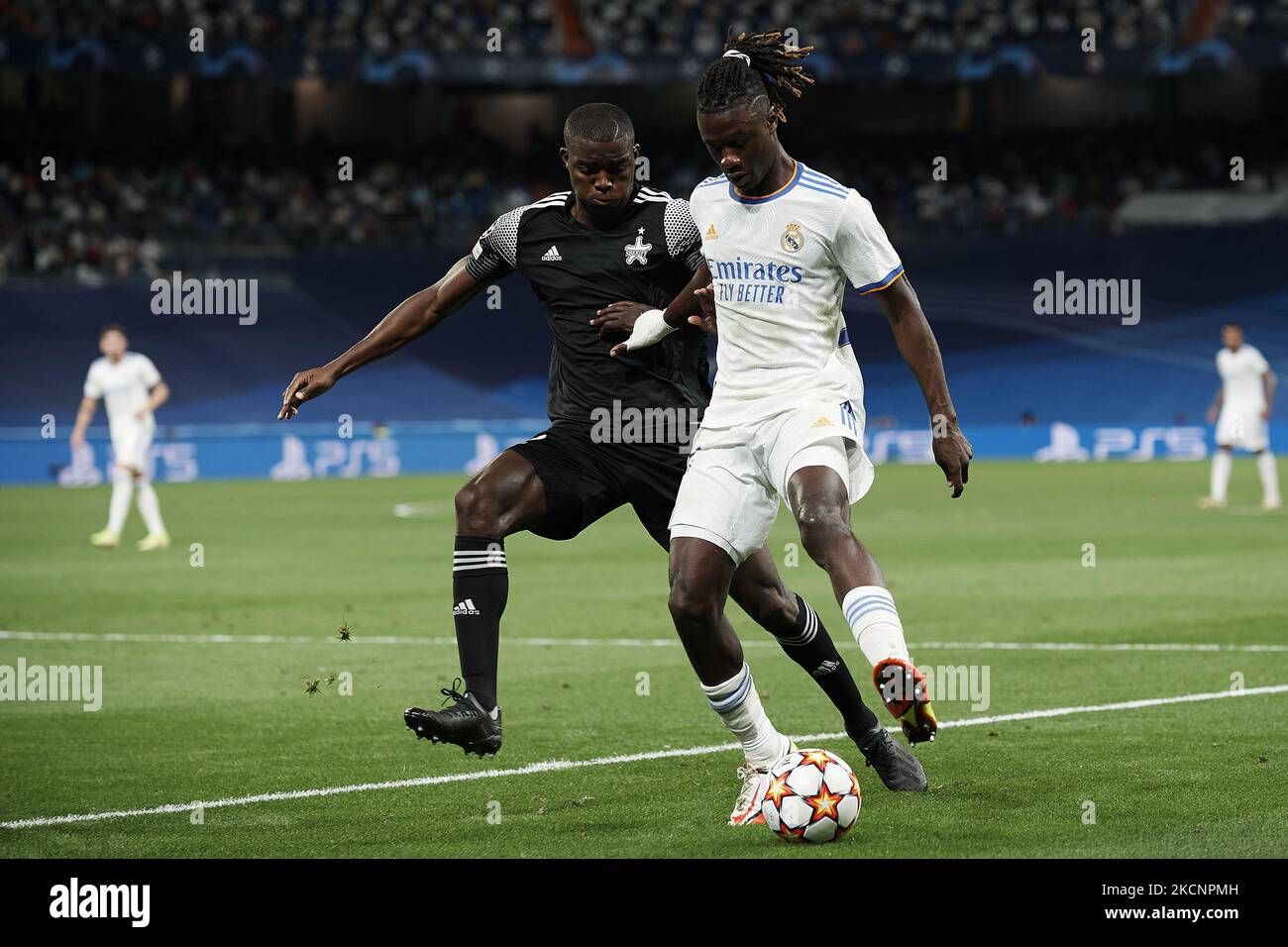 Eduardo Camavinga of Real Madrid and Danilo Arboleda of Sheriff compete ...