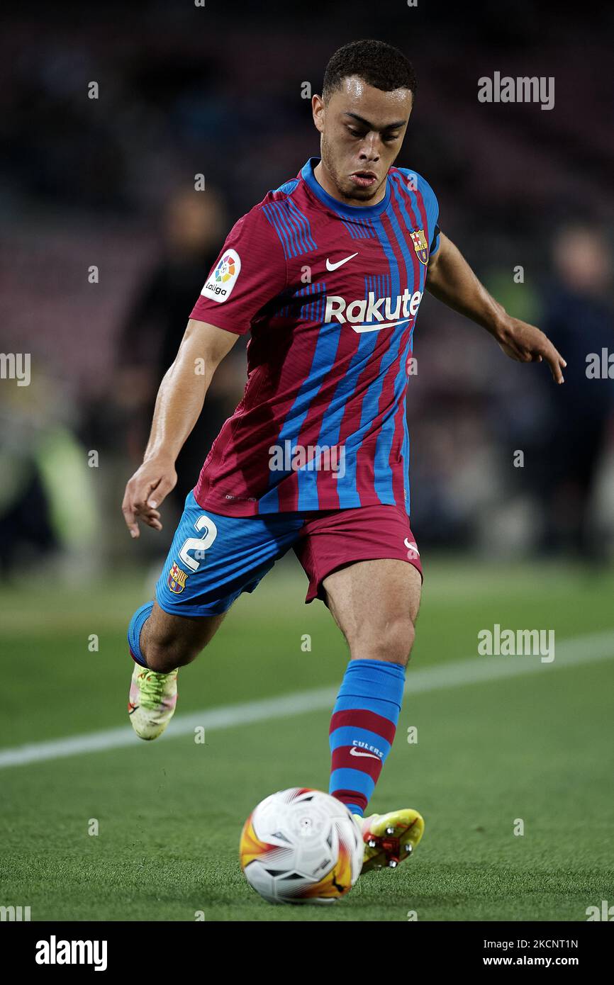 Sergiño Dest of Barcelona does passed during the La Liga Santander ...
