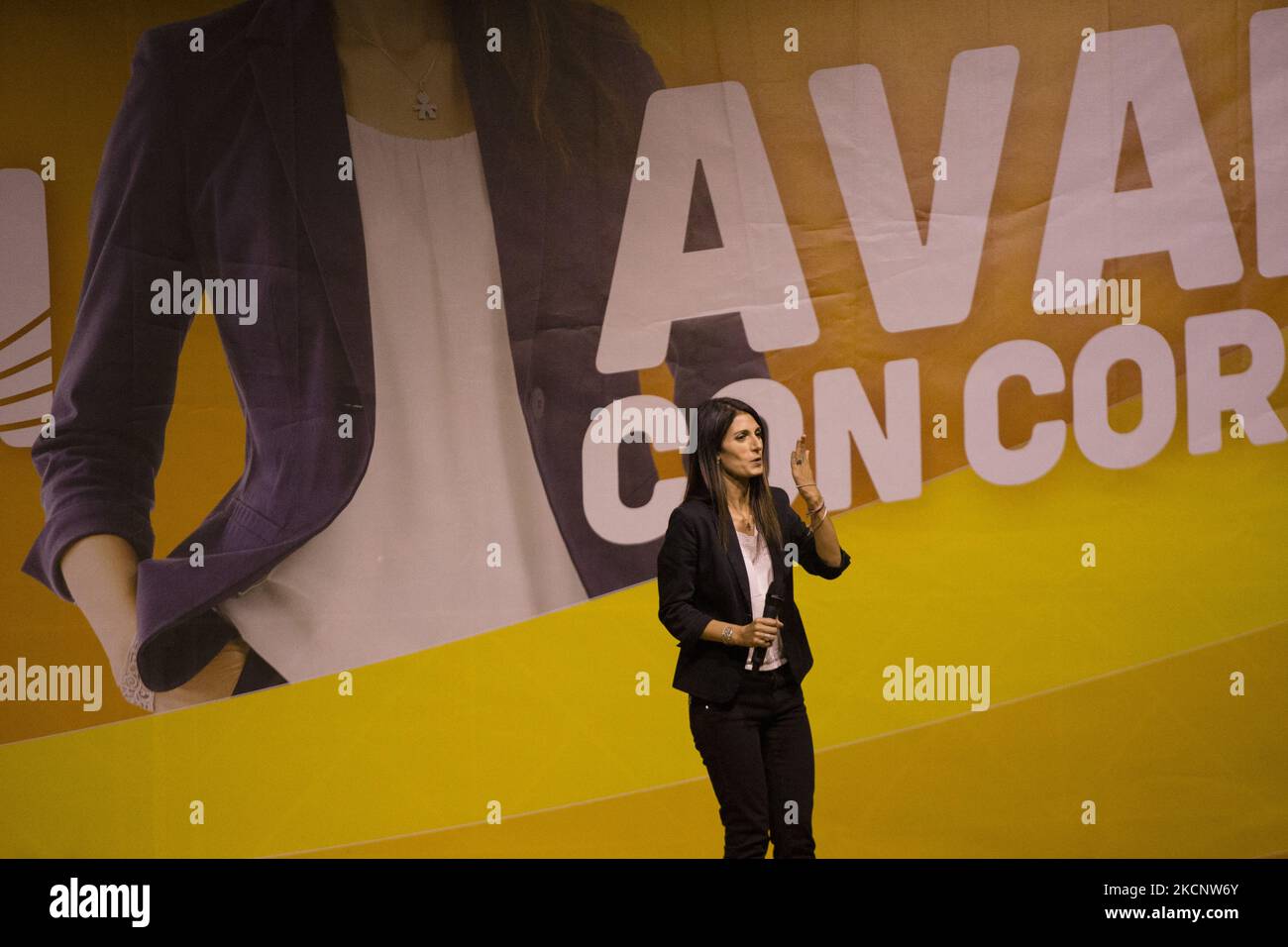 Incumbent Rome mayor, Virginia Raggi of the Five Star movement greets ...