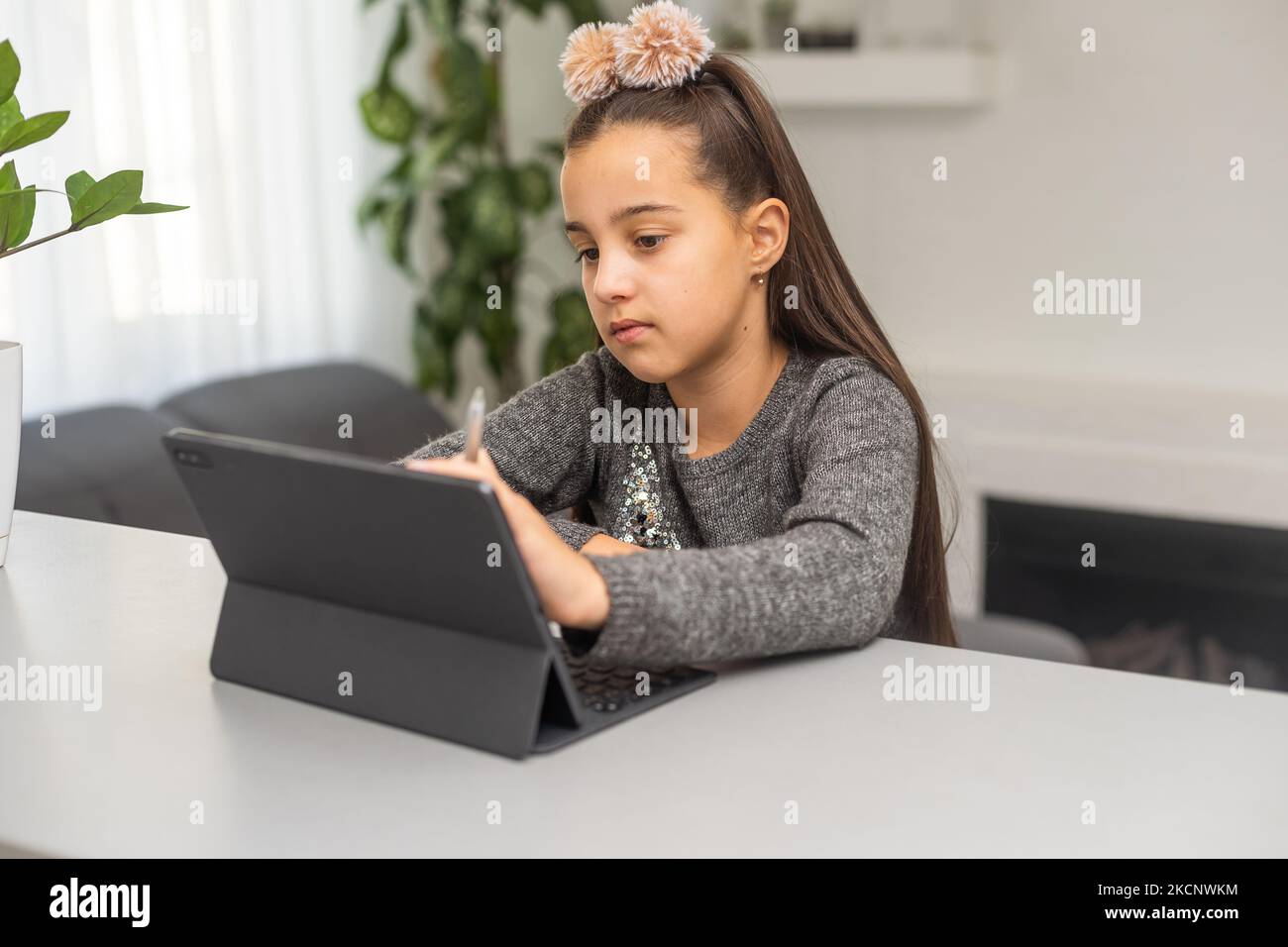 Happy smiling arab indian girl student watching learning online video ...