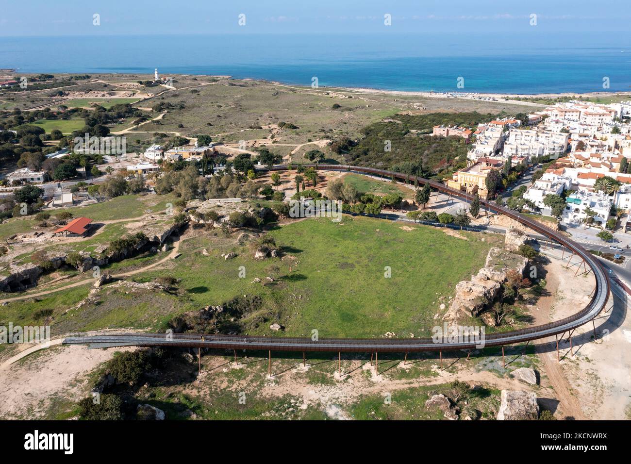 Aerial view of new elevated walkway that links Paphos Archaeological ...