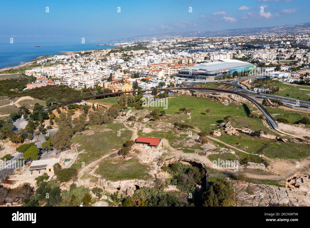 Aerial view of new elevated walkway that links Paphos Archaeological ...