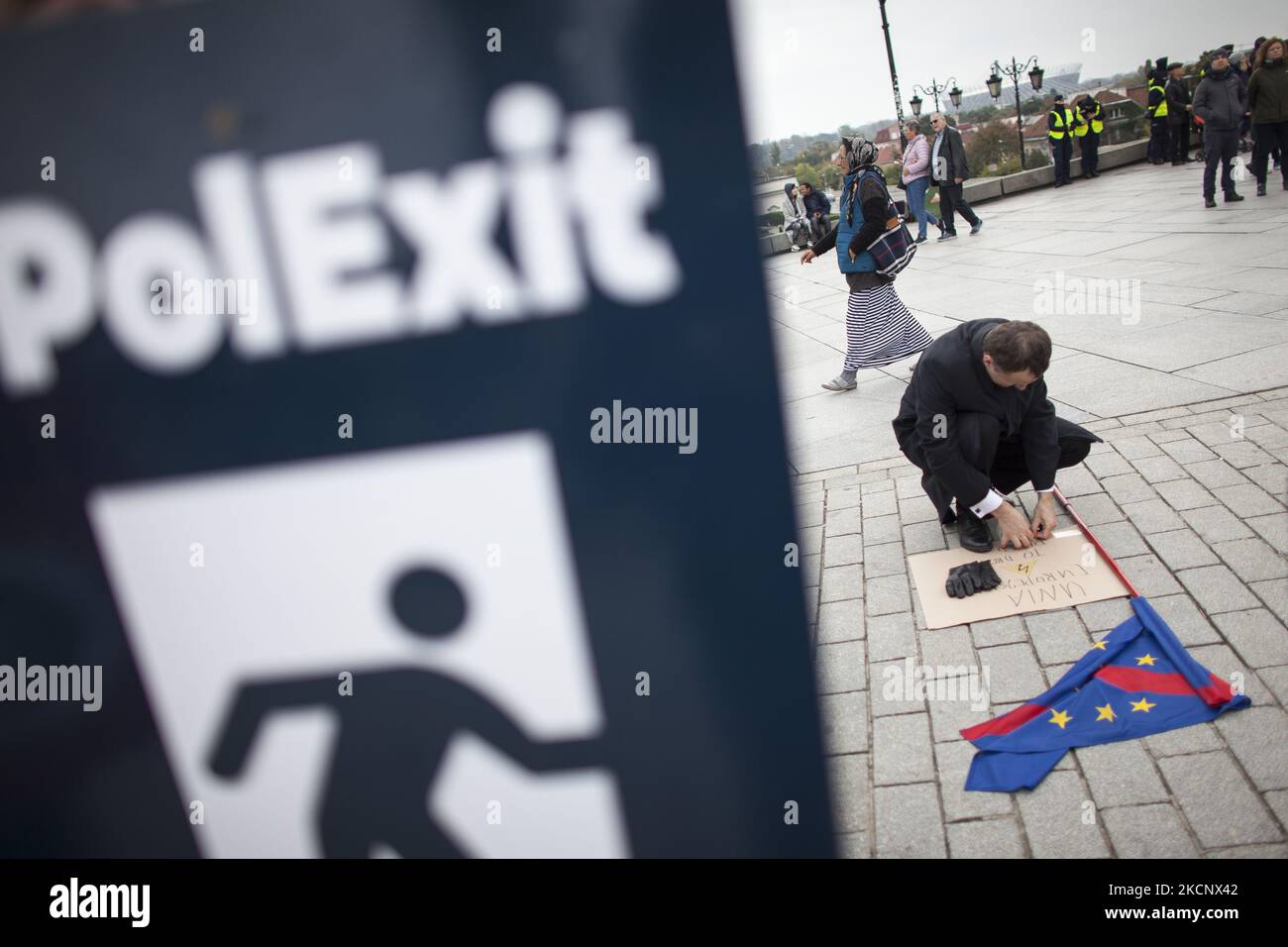 Polexit placard seen during protest against compulsory vaccination and ...