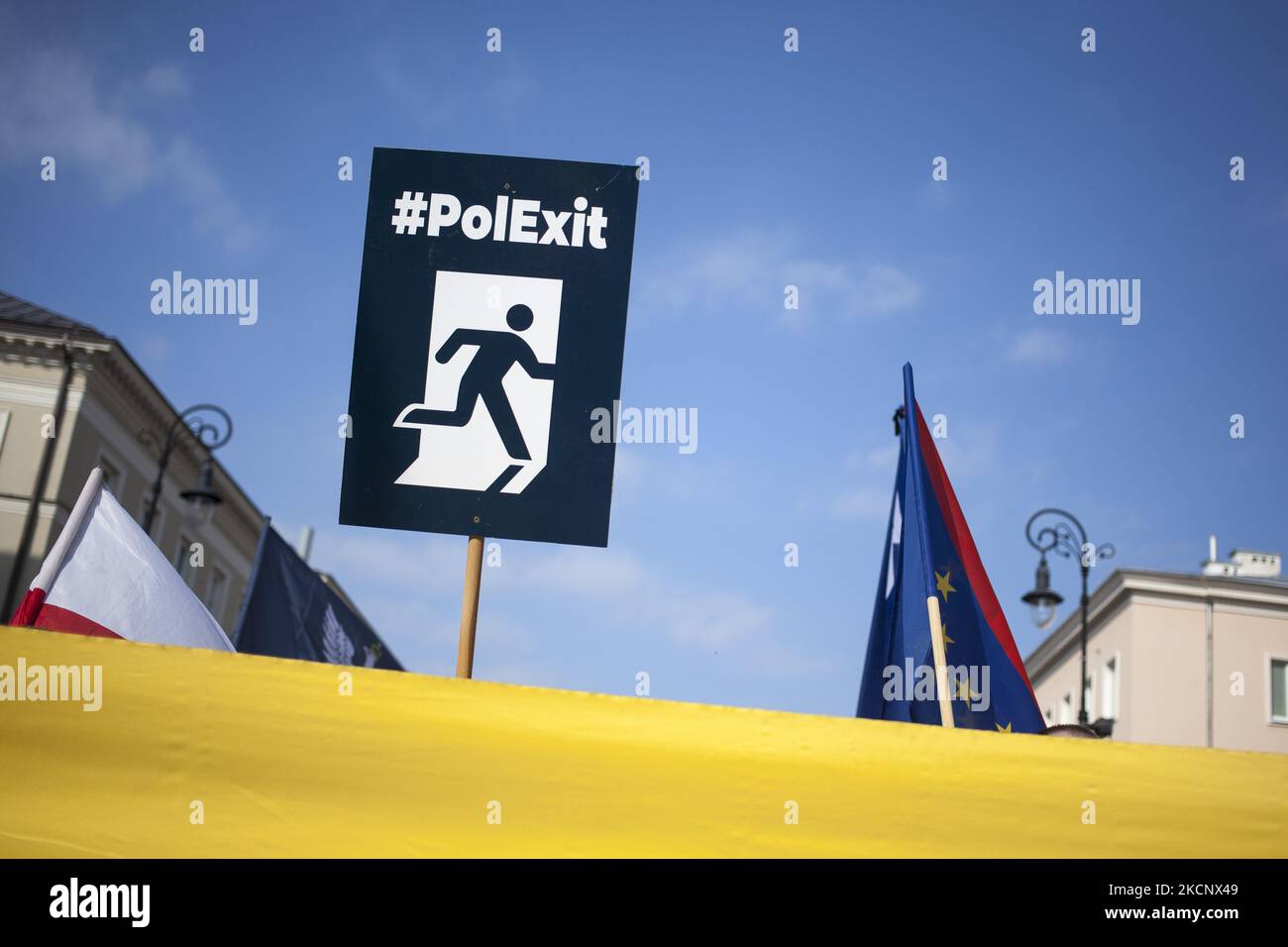 Polexit placard seen during protest against compulsory vaccination and ...