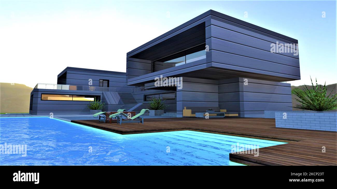 Luxurious futuristic resort. The illumination of the steps of the pool ...