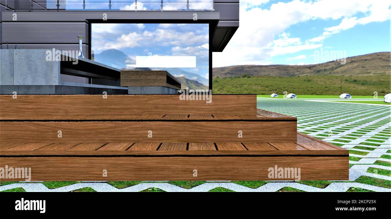 Wooden steps to the terrace in front of the house, built in a ...