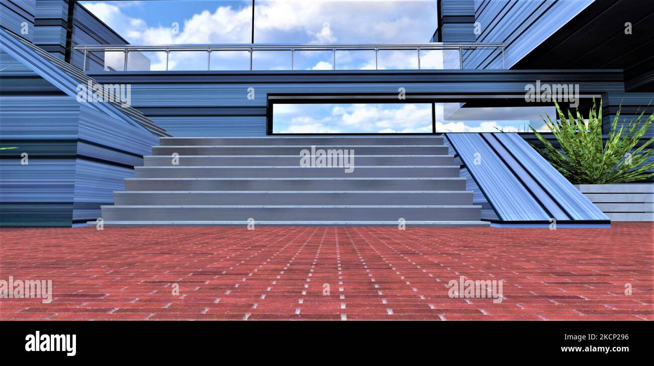Metal cladding of the exterior of a futuristic country house. Wide ...