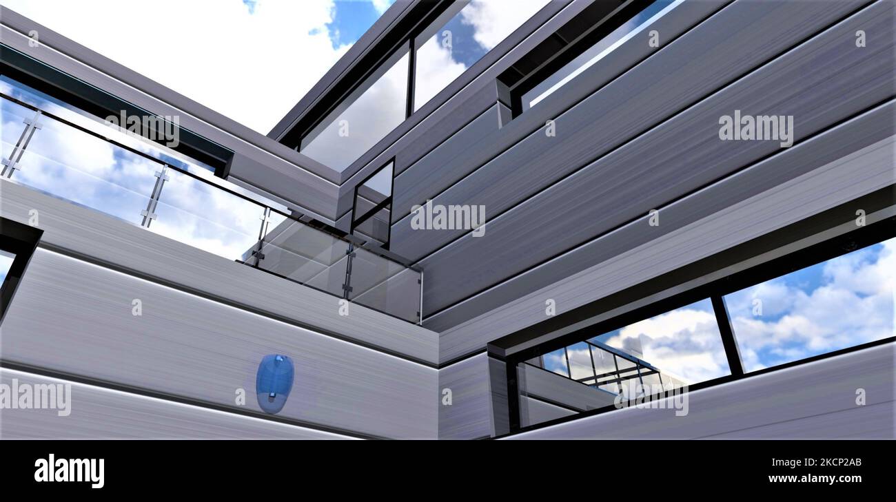 Bottom view of a stylish country house finished with horizontal ...