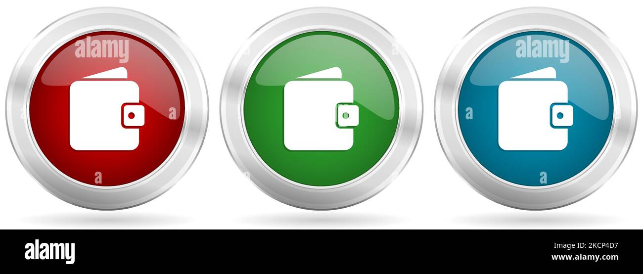 Purse, wallet vector icon set. Red, blue and green silver metallic web ...