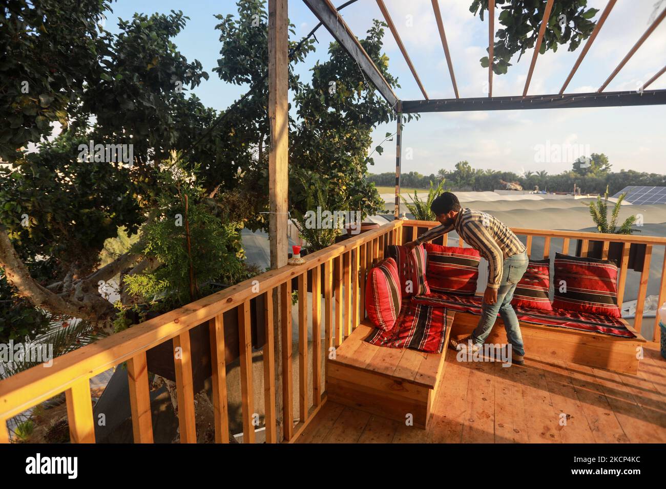 A hut is seen on a tree in Beit Lahiya, northern Gaza Strip, on October ...