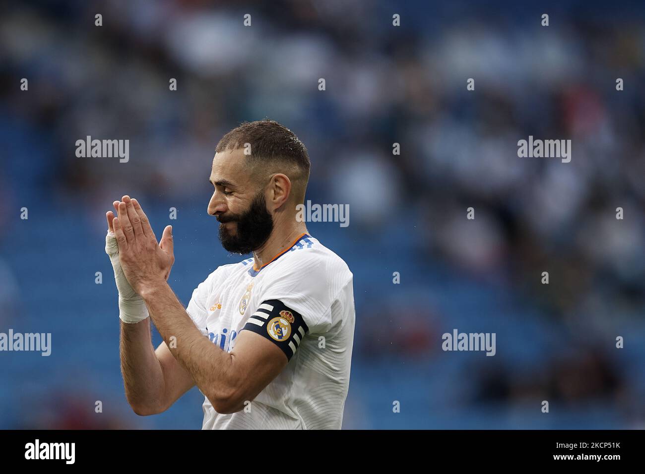Karim Benzema of Real Madrid apologises during the La Liga Santander ...