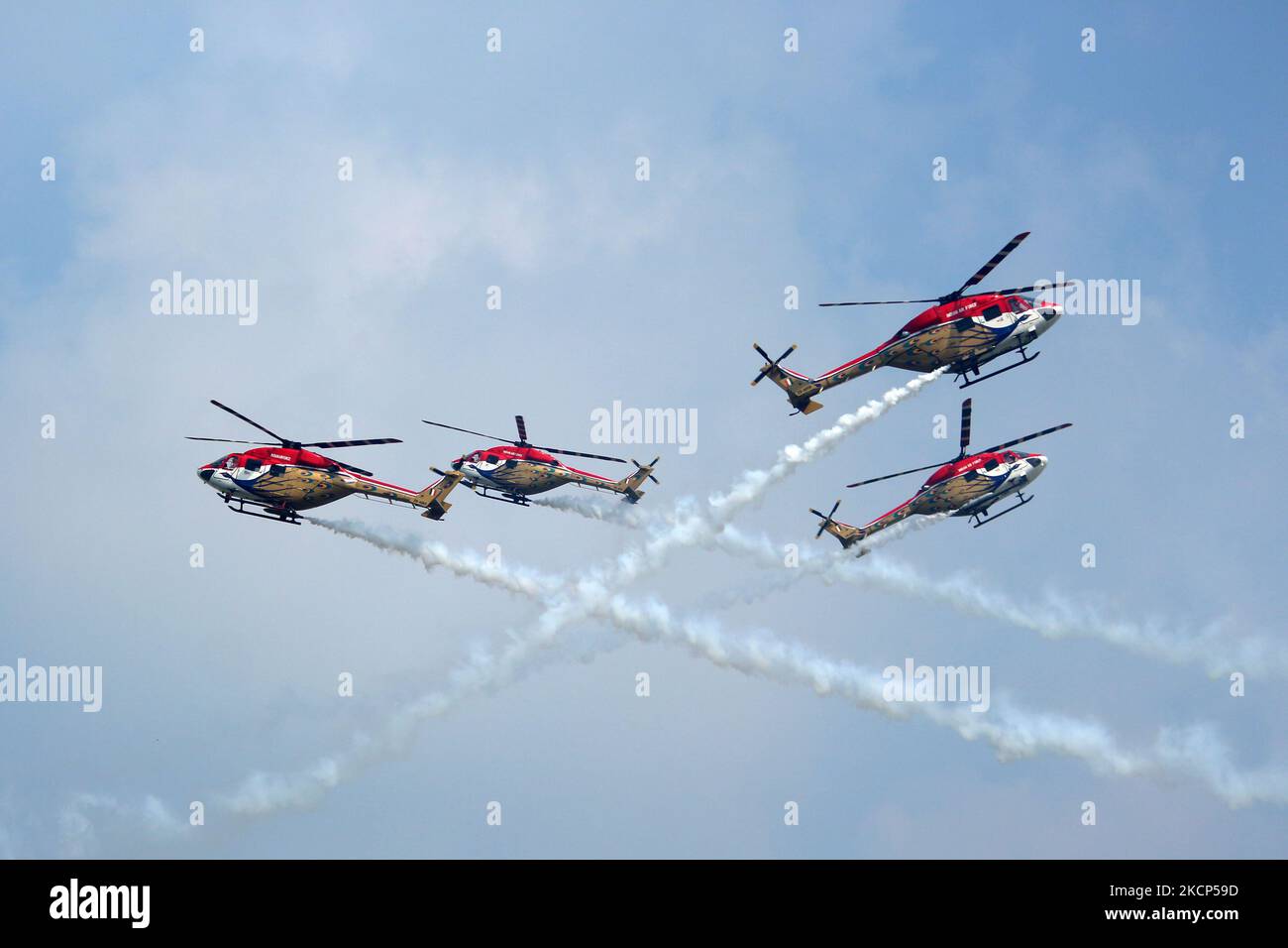 Indian Air Force's Sarang helicopters perform during the full dress ...