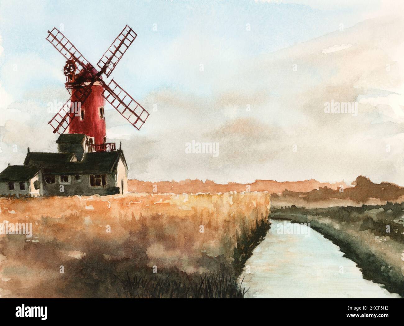 Landscape with red windmill and canal. Watercolor on paper Stock Photo ...