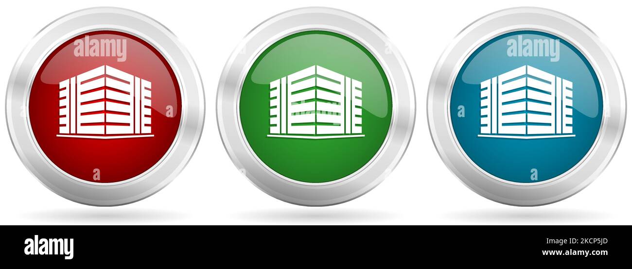 Office building vector icon set. Red, blue and green silver metallic ...