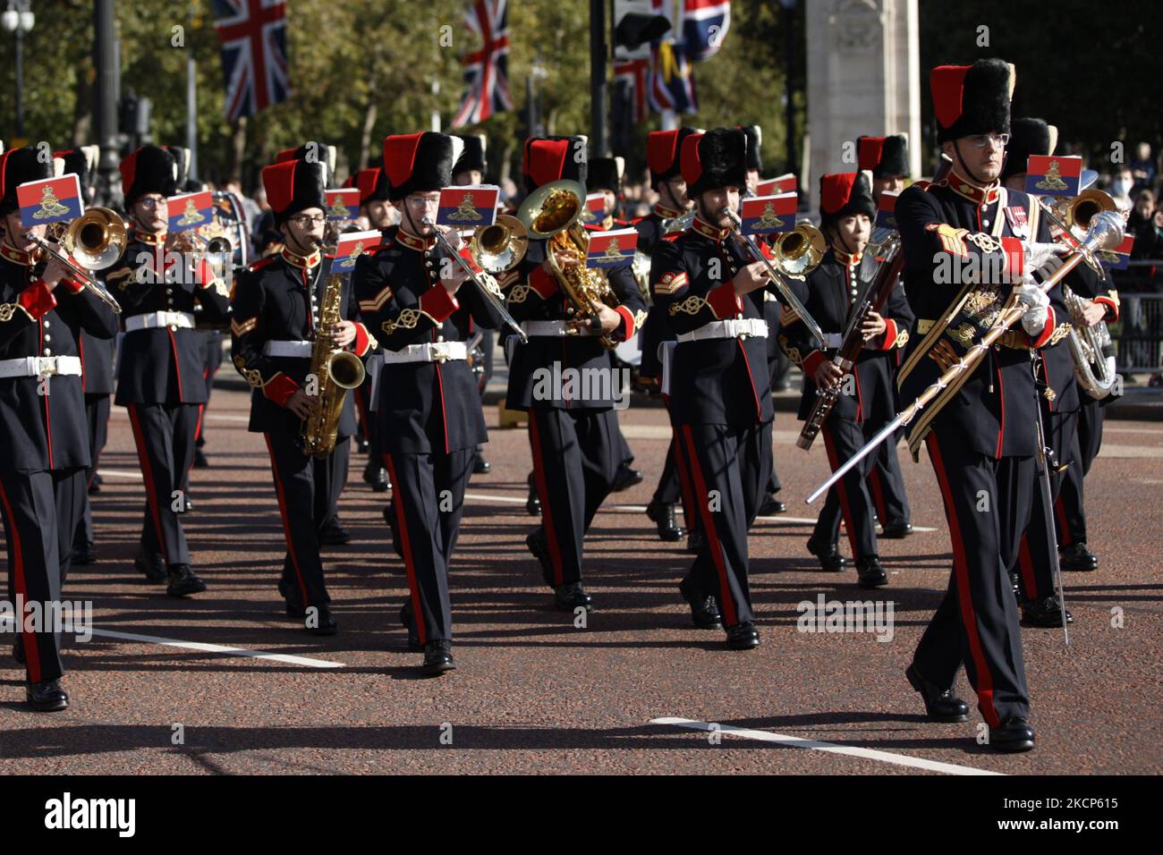 Band members of the Royal Regiment of Canadian Artillery march along the Mall from St James's ...