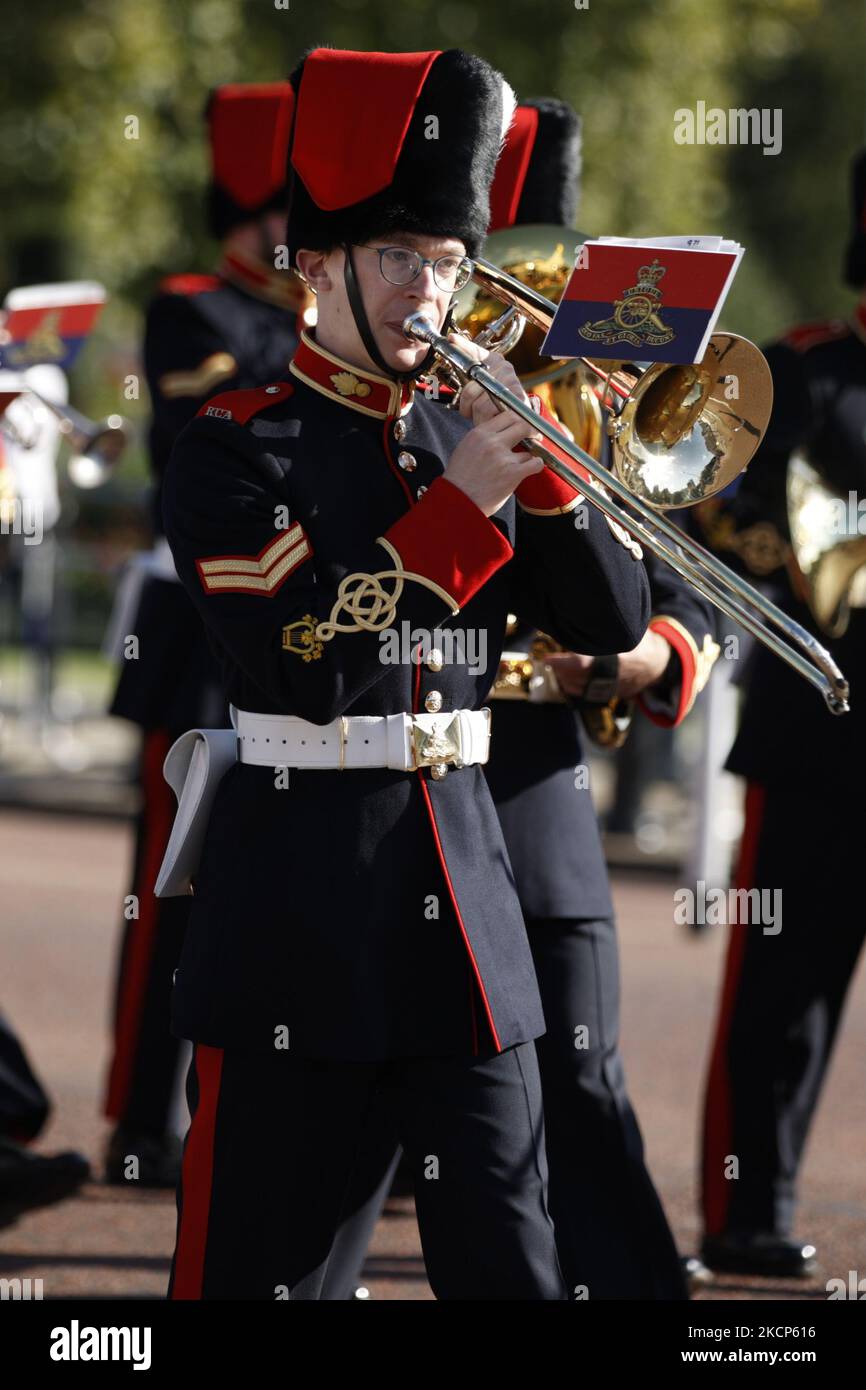 Band members of the Royal Regiment of Canadian Artillery march along the Mall from St James's ...