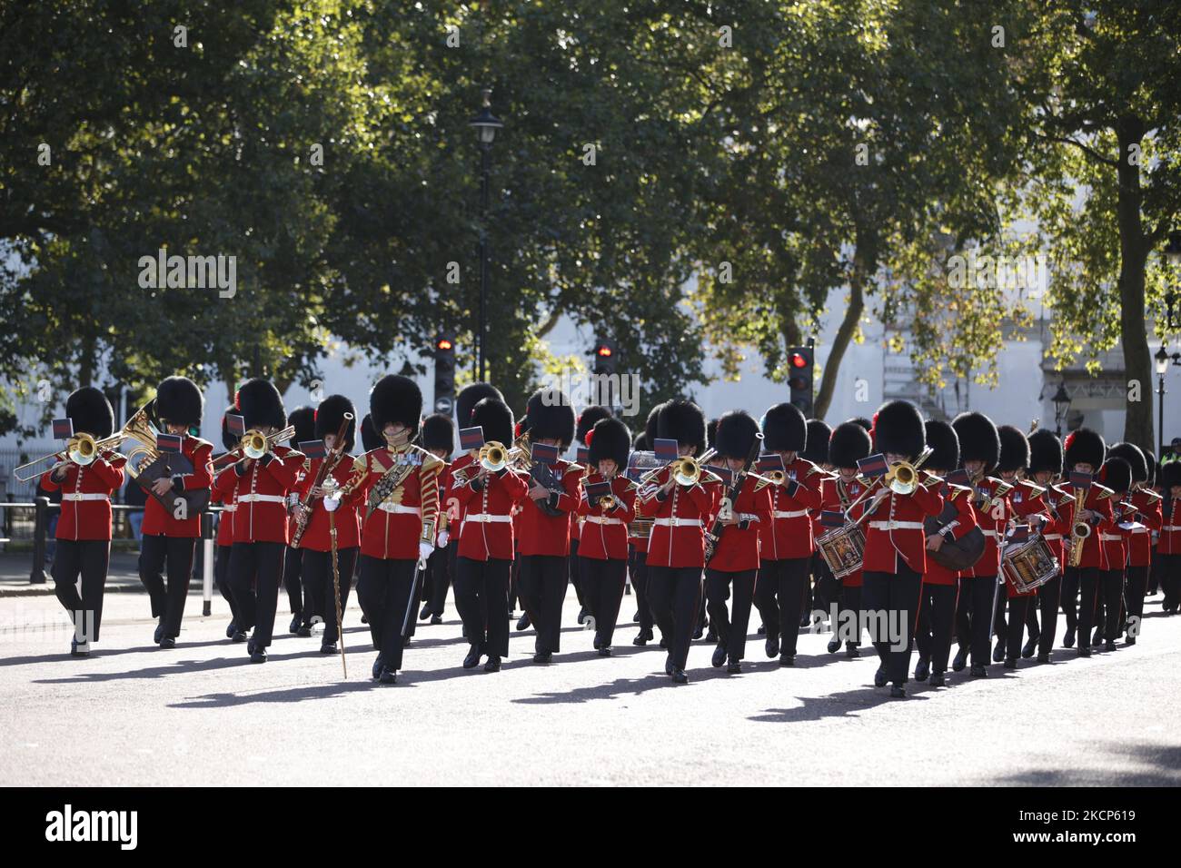 Band members of the Coldstream Guards regiment of the British Army Household Division march from ...