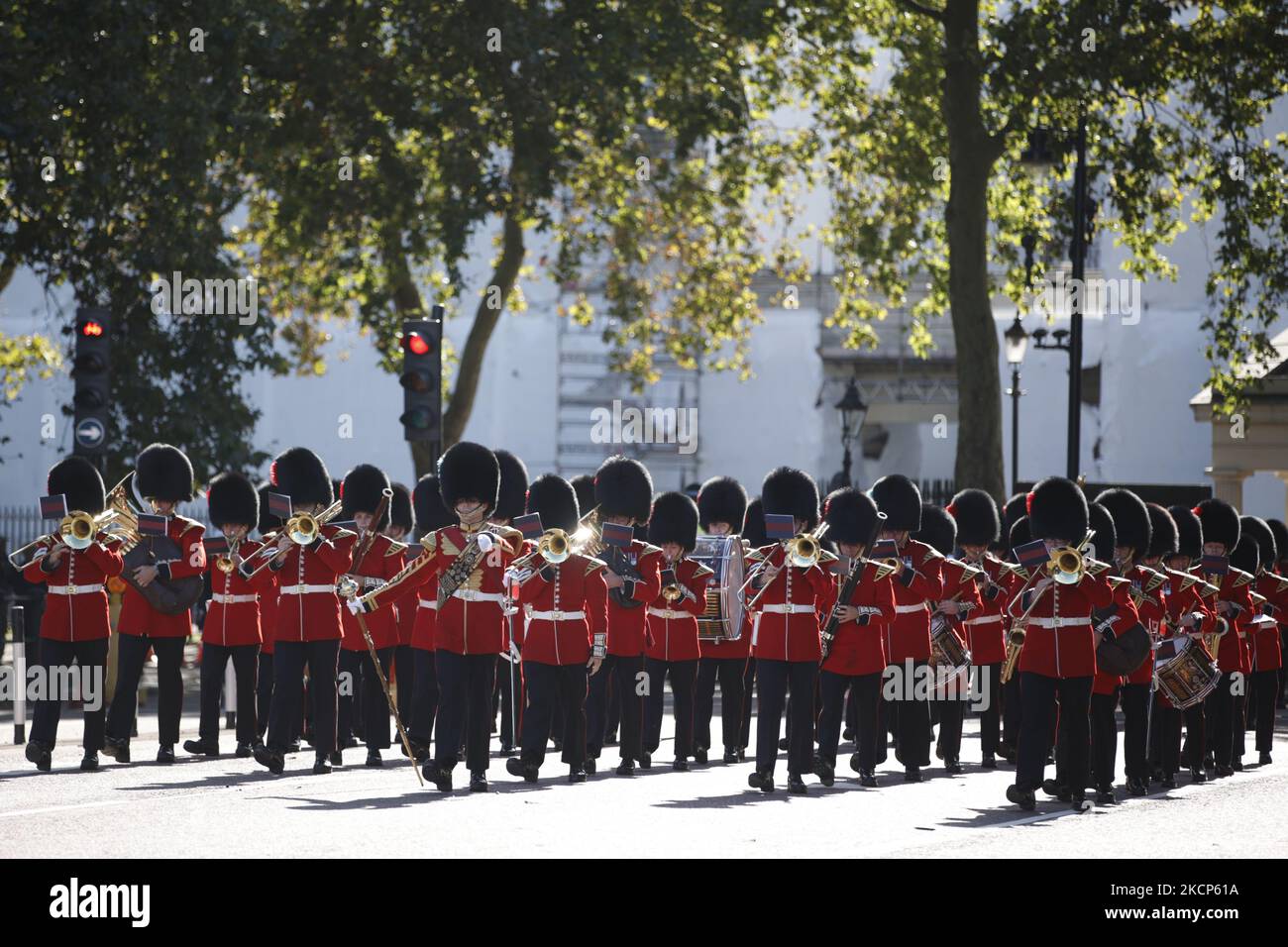 Band members of the Coldstream Guards regiment of the British Army Household Division march from ...