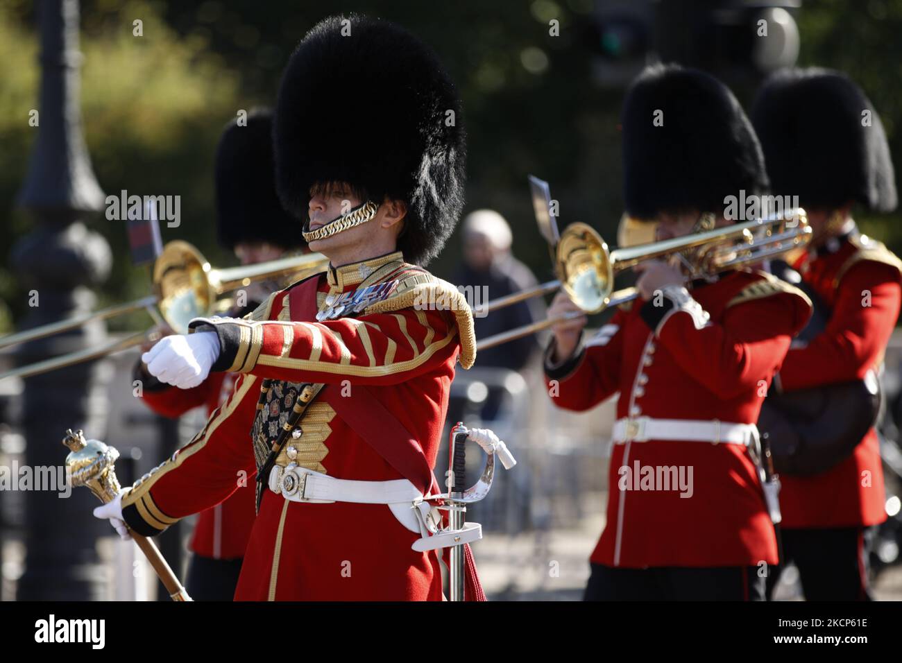Band members of the Coldstream Guards regiment of the British Army Household Division march from ...