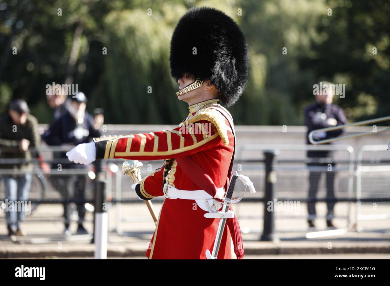 Band members of the Coldstream Guards regiment of the British Army Household Division march from ...