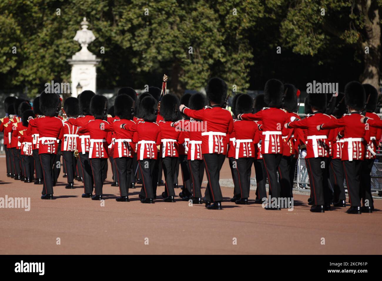 Members of the Coldstream Guards regiment of the British Army Household Division march from ...