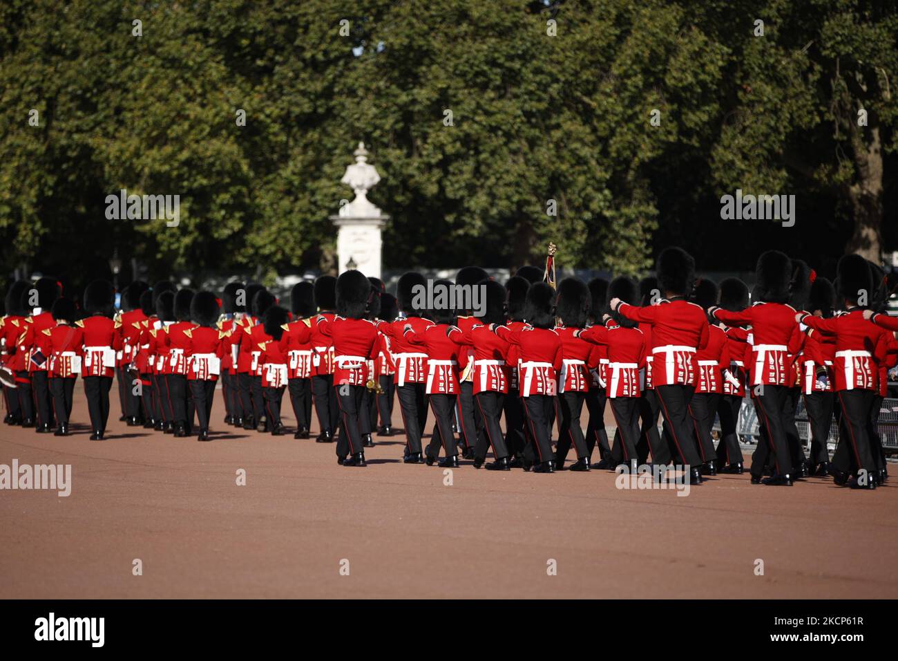 Members of the Coldstream Guards regiment of the British Army Household Division march from ...
