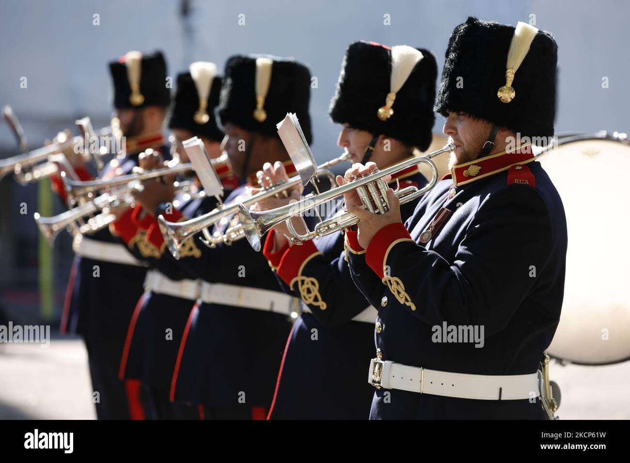 Band members of the Royal Regiment of Canadian Artillery play in the grounds of Wellington ...