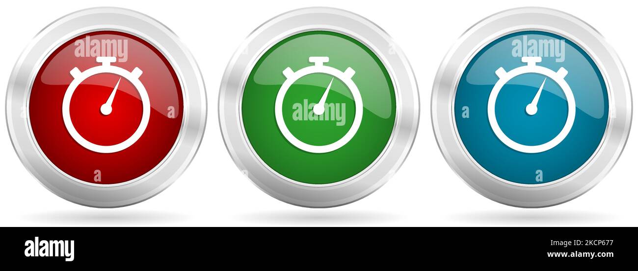 stopwatch vector icon set. Red, blue and green silver metallic web ...