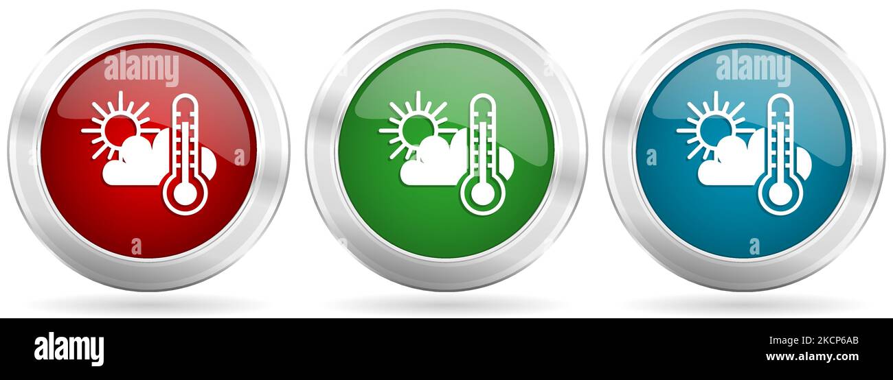 Weather forecast vector icon set. Red, blue and green silver metallic ...