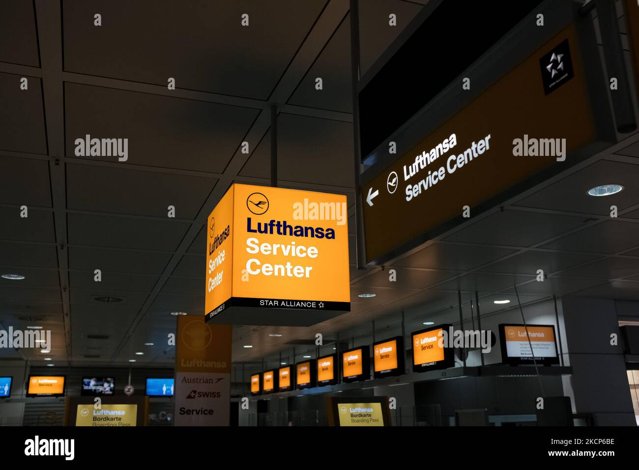 Lufthansa service center sign at the Munich International Airport in ...