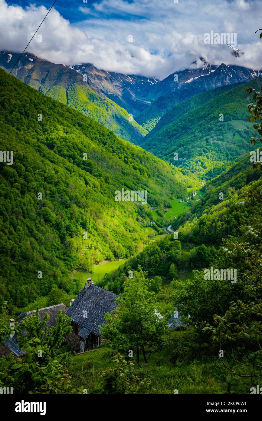 View on the Lez river valley with snow covered peaks in the background ...