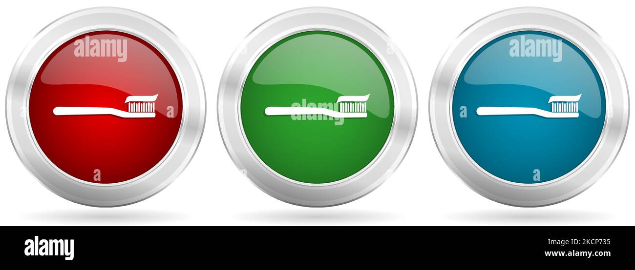 Toothbrush vector icon set. Red, blue and green silver metallic web ...