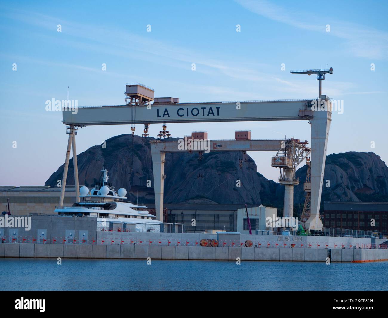 La Ciotat, France - May 17th 2022: Piers and the dockside crane of the ...