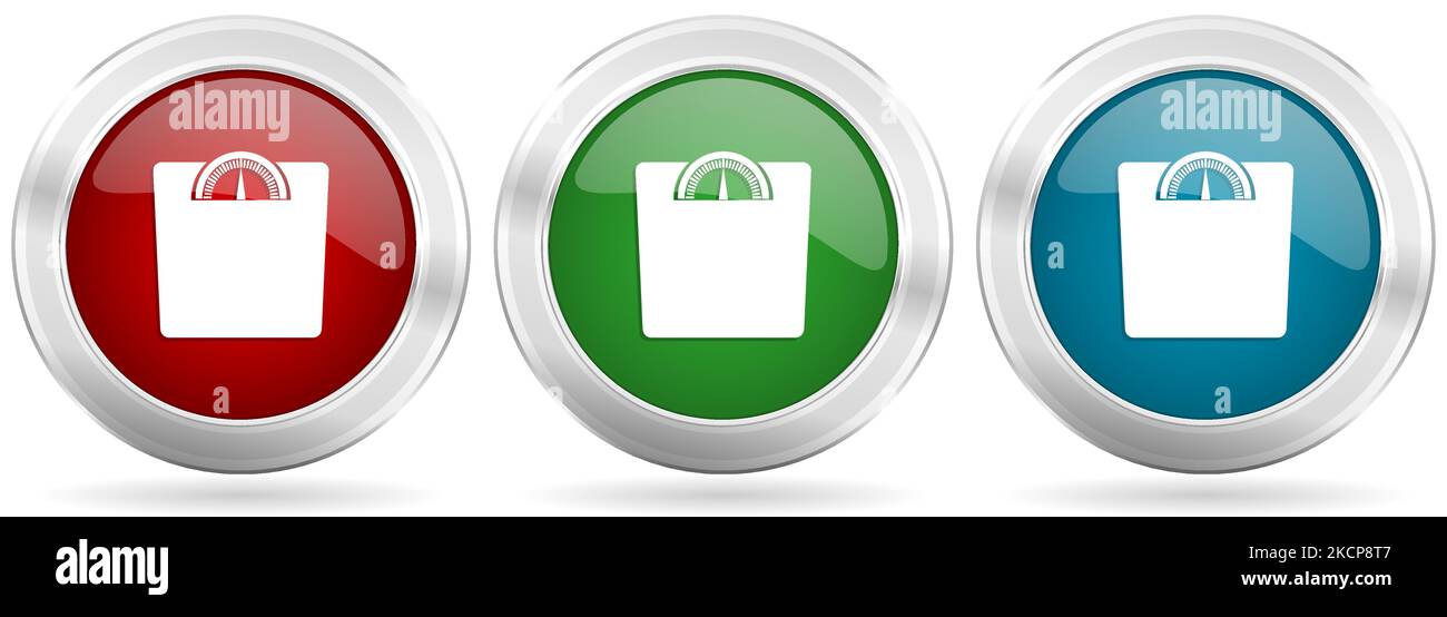 Weight vector icon set. Red, blue and green silver metallic web buttons ...